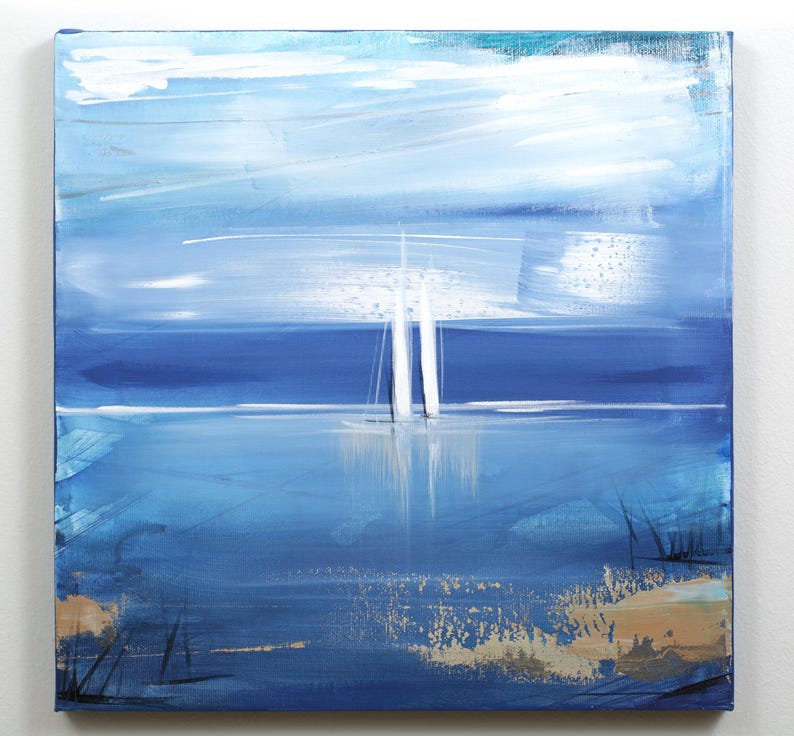 Sas V. Acrylic Painting Sailing Ships Tihany Balaton Blue Gold Colors ...