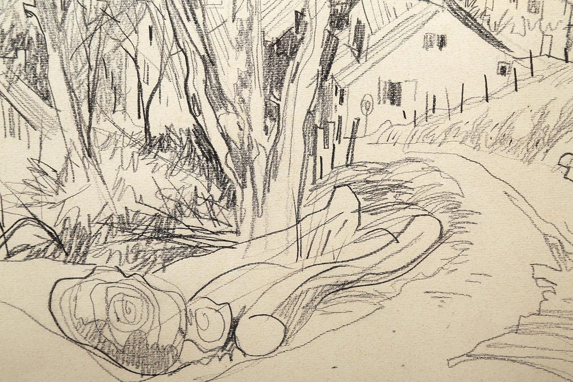 Vintage 1976 Graphite Landscape Drawing: Little Village, Hillside Scene ...