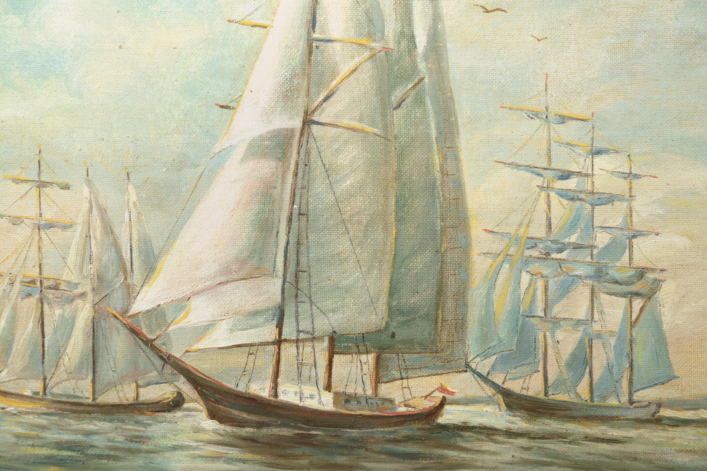 Three Multi-masted Sailing Ships Cruising the Ocean Tranquil Sea Clouds ...