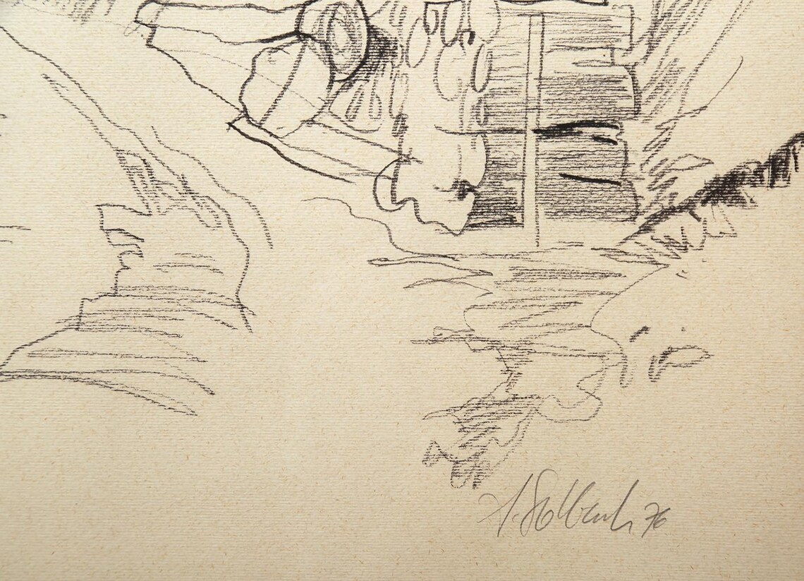 Vintage 1976 Graphite Landscape Drawing: Little Village, Hillside Scene ...