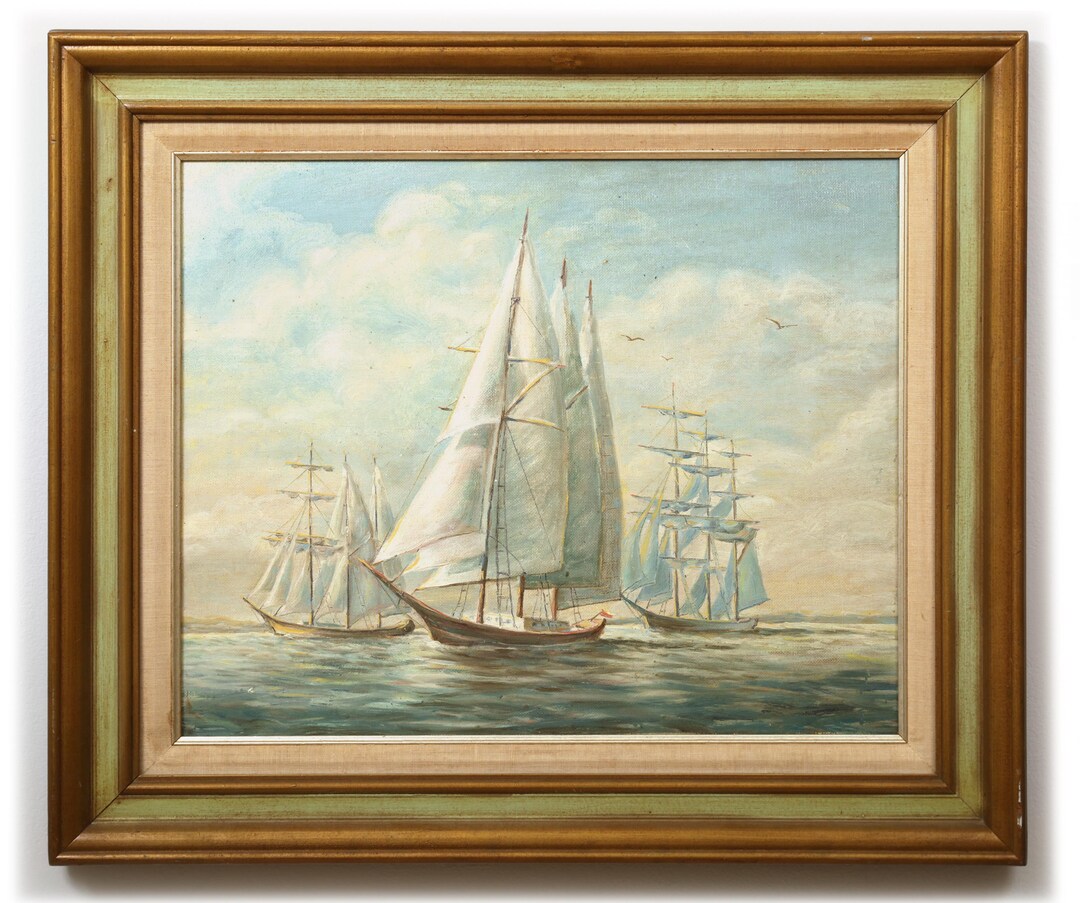 Three Multi-masted Sailing Ships Cruising the Ocean Tranquil Sea Clouds ...