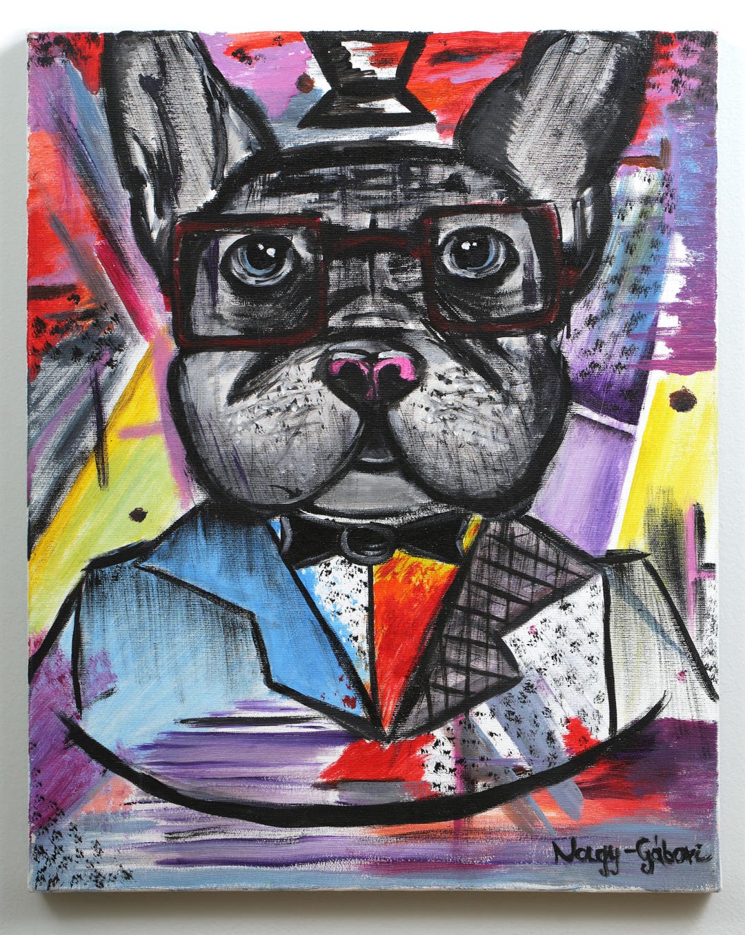 Nagy G. Acrylic Portrait Painting of an Elegance Dog in Glasses and Bow ...