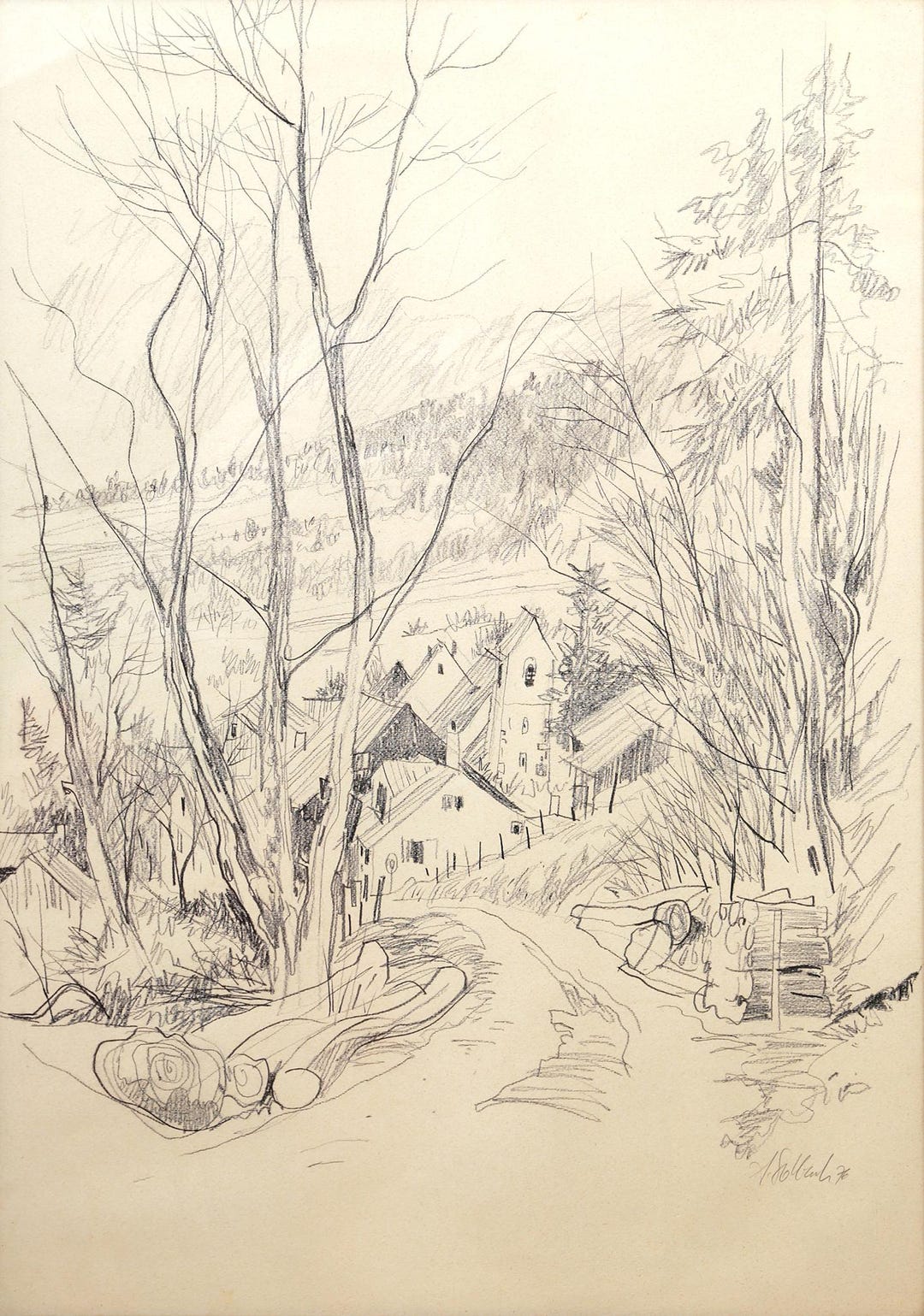 Vintage Landscape Graphite Drawing on Paper 1976. Signed Little Village ...