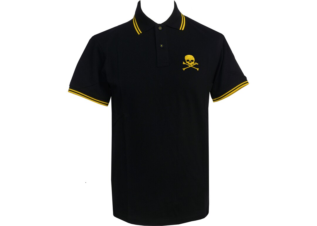 Men's Black & Yellow Punk Tipped Polo Shirt Skull and Crossbones Rocker ...