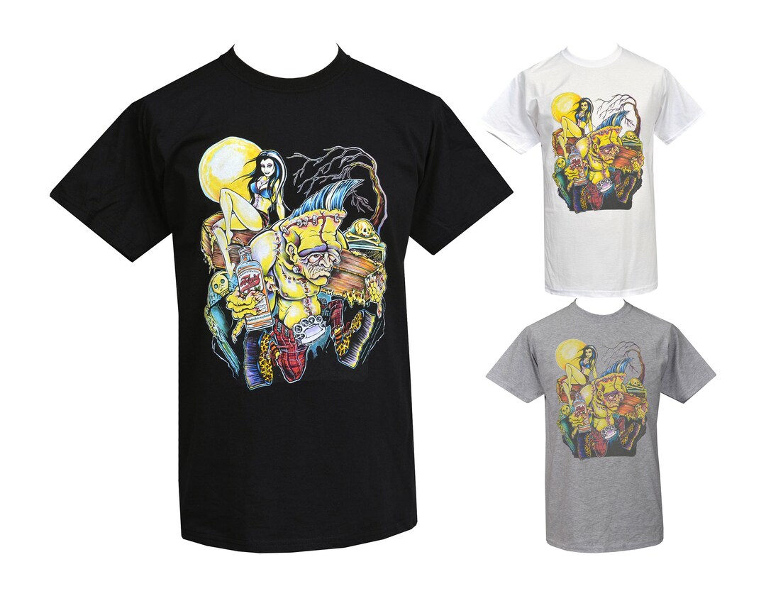 Mens Psychobilly T-shirt Beer Hooligan Frankenstein Monster Creepers ...