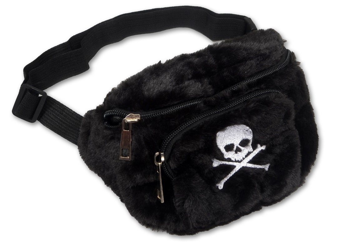 Black Fluffy Faux Fur Skull & Crossbones Bum Bag Emo Goth Festival Punk ...
