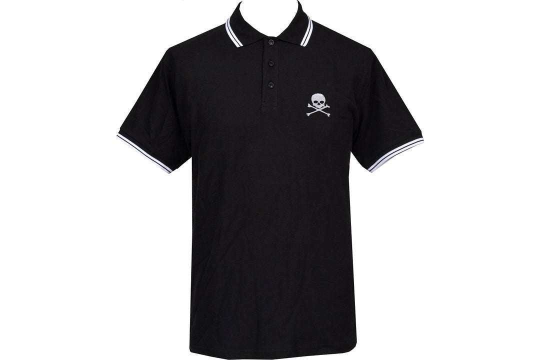 Men's Black & White Punk Tipped Polo Shirt Skull and Crossbones Rocker ...