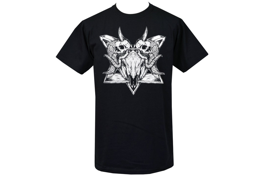 Mens Satanic T-shirt Baphomet Goat Skull Gothic Pentagram Horns Devil ...