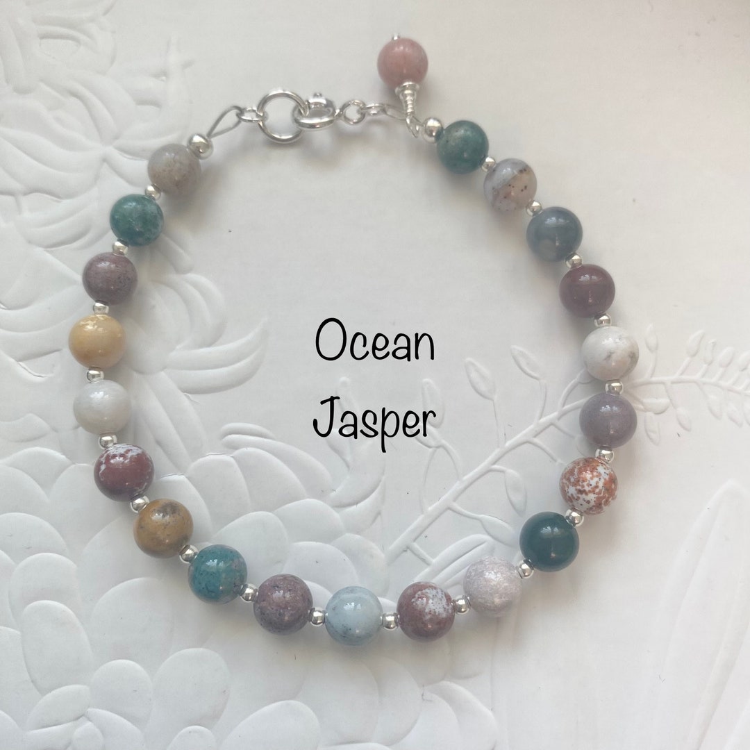 Sterling Silver Ocean Jasper Bracelet, Handmade Gemstone Layering Bracelet, Unisex Beaded ...