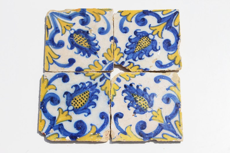 Set of 4 Cob of Corn Tiles, 17th Century, Portuguese Baroque, Tin ...