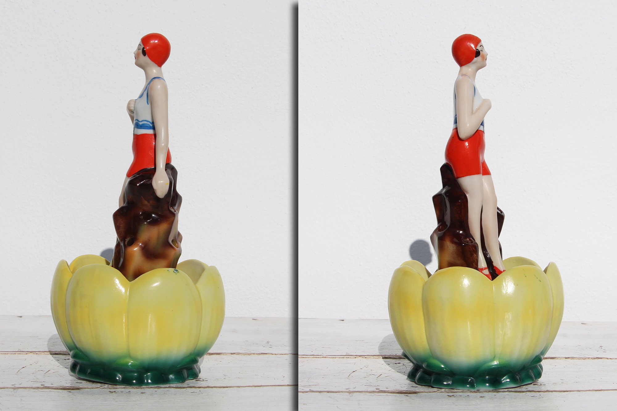 1920s Art Deco Porcelain Flower Frog Depicting a Lady Swimmer Above a ...