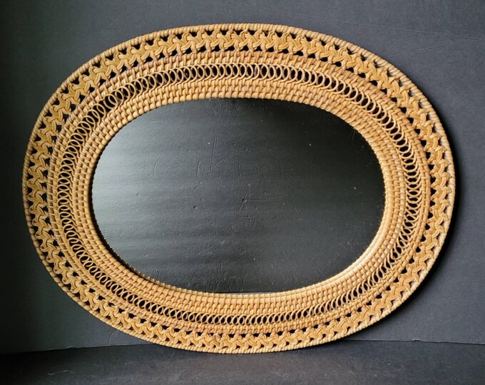 Vintage Mid Century Modern Rattan Cane Wicker Wall Mirror 1950's Hong ...