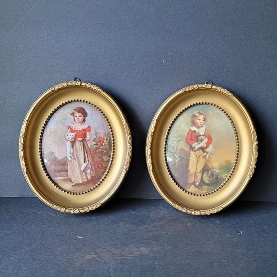 Vintage Oval Framed Prints Master Simpson & Chums Boy and Girl With Dog ...