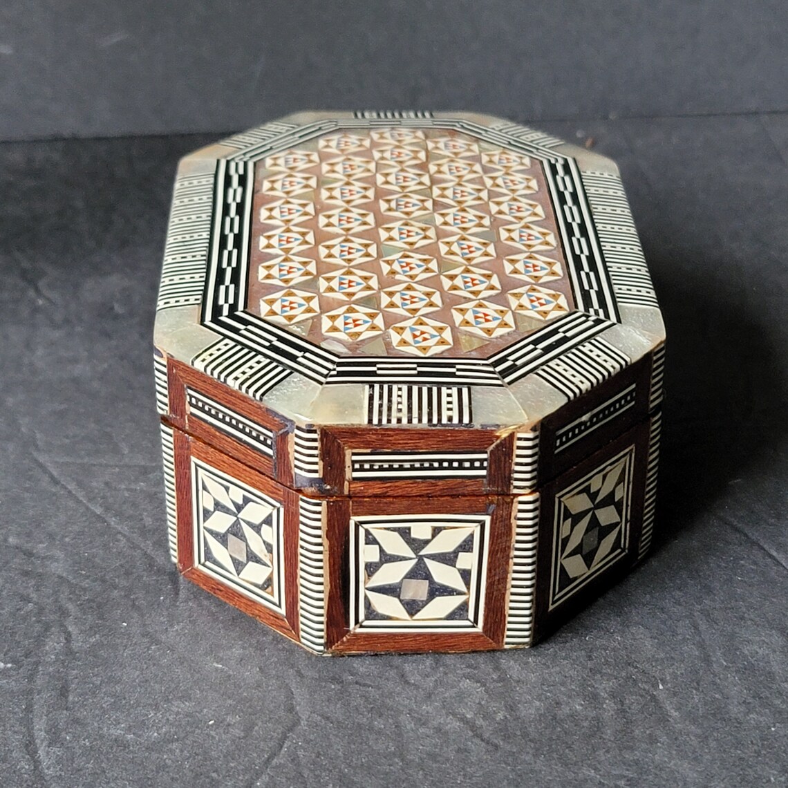 Vintage Egyptian Shell and Wood Inlay Marquetry Trinket Jewelry Box ...