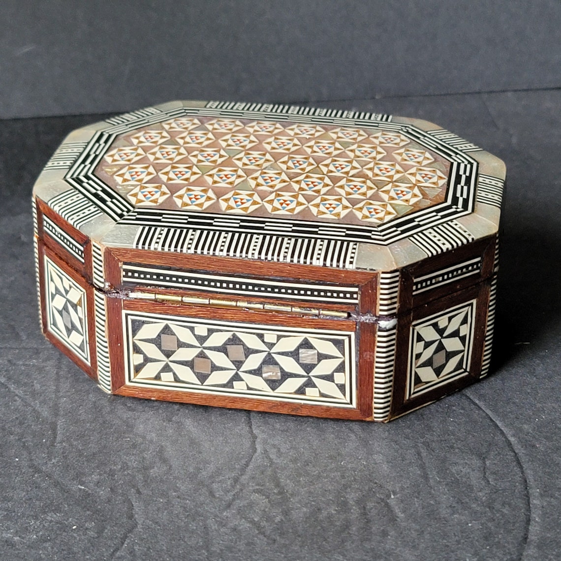 Vintage Egyptian Shell and Wood Inlay Marquetry Trinket Jewelry Box ...