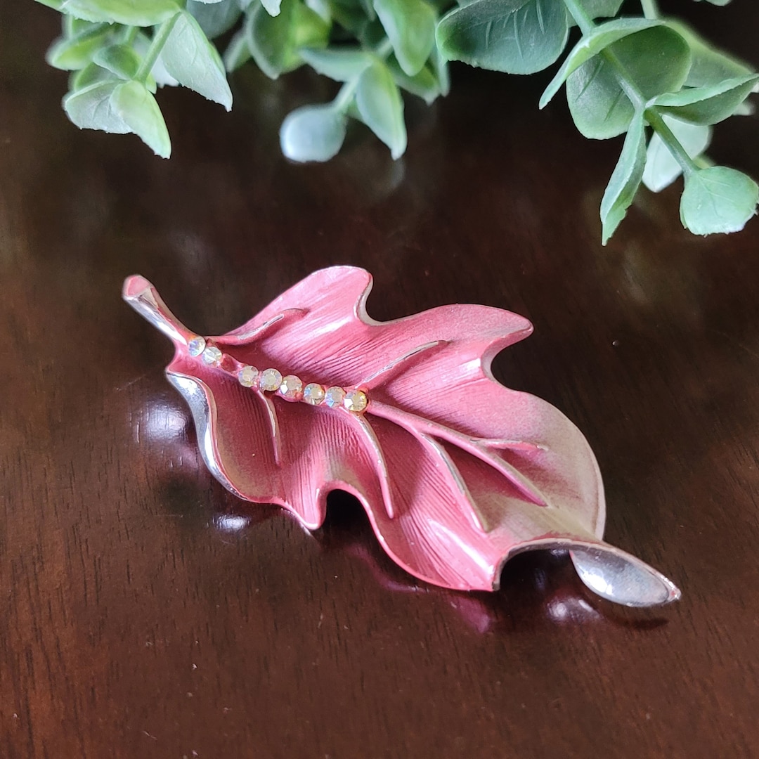 Vintage BSK Leaf Brooch Pin Aurora Borealis Crystals Silver Tone - Etsy