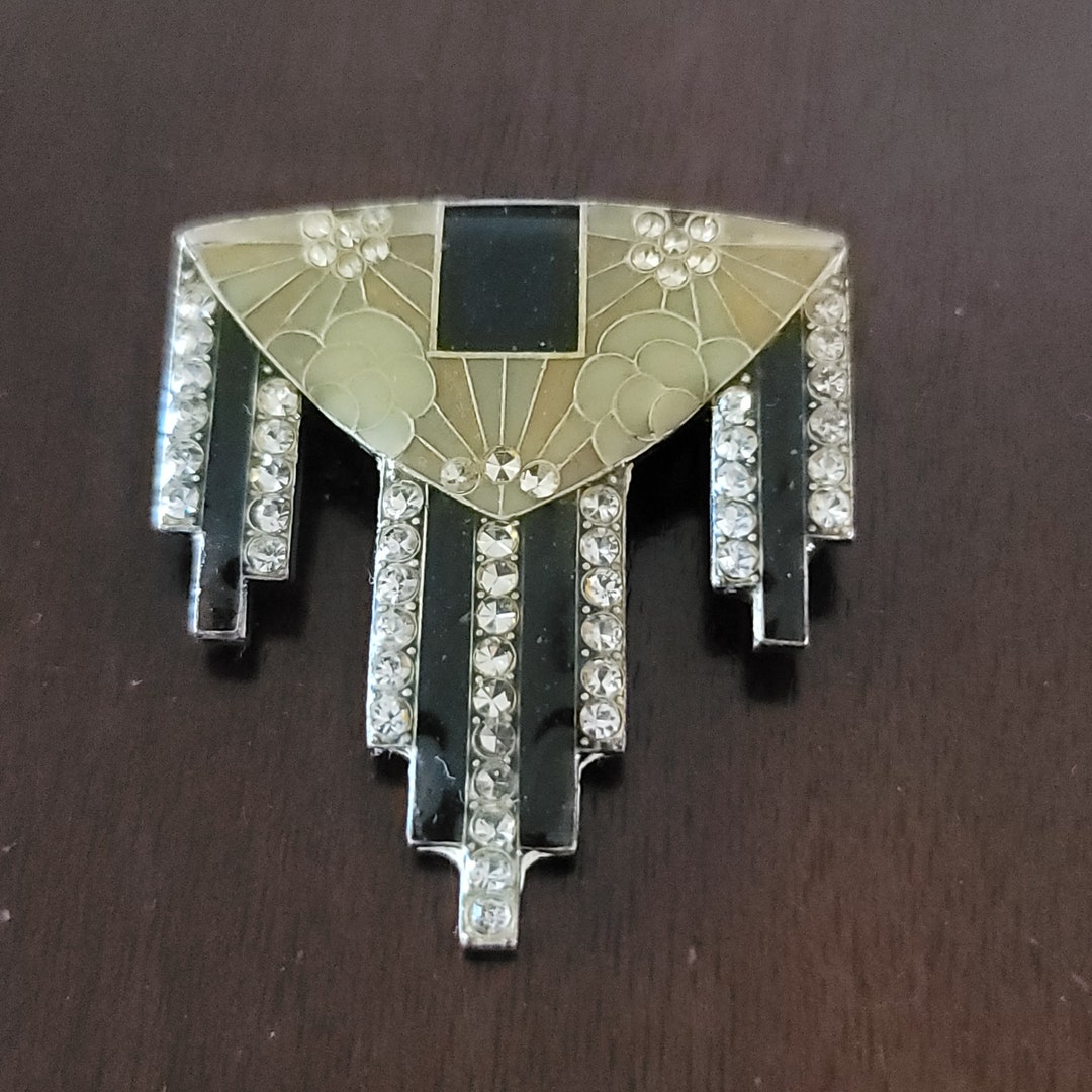 Vintage Pierre Bex Art Deco Brooch Pin Black Enamel Rhinestones Flowers ...