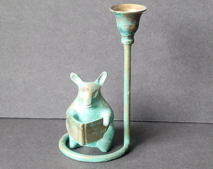 Vintage Solid Brass Candlestick Mouse Reading a Book by Candlelight ...