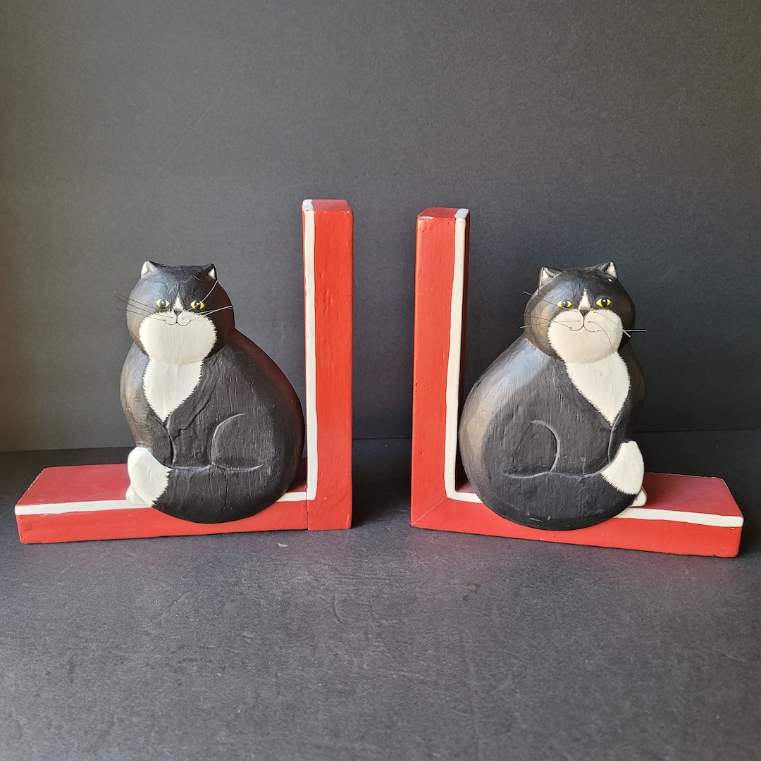 Folk Art Black and White Cat Carved Wood Bookend Pair Set of 2 Bookends ...