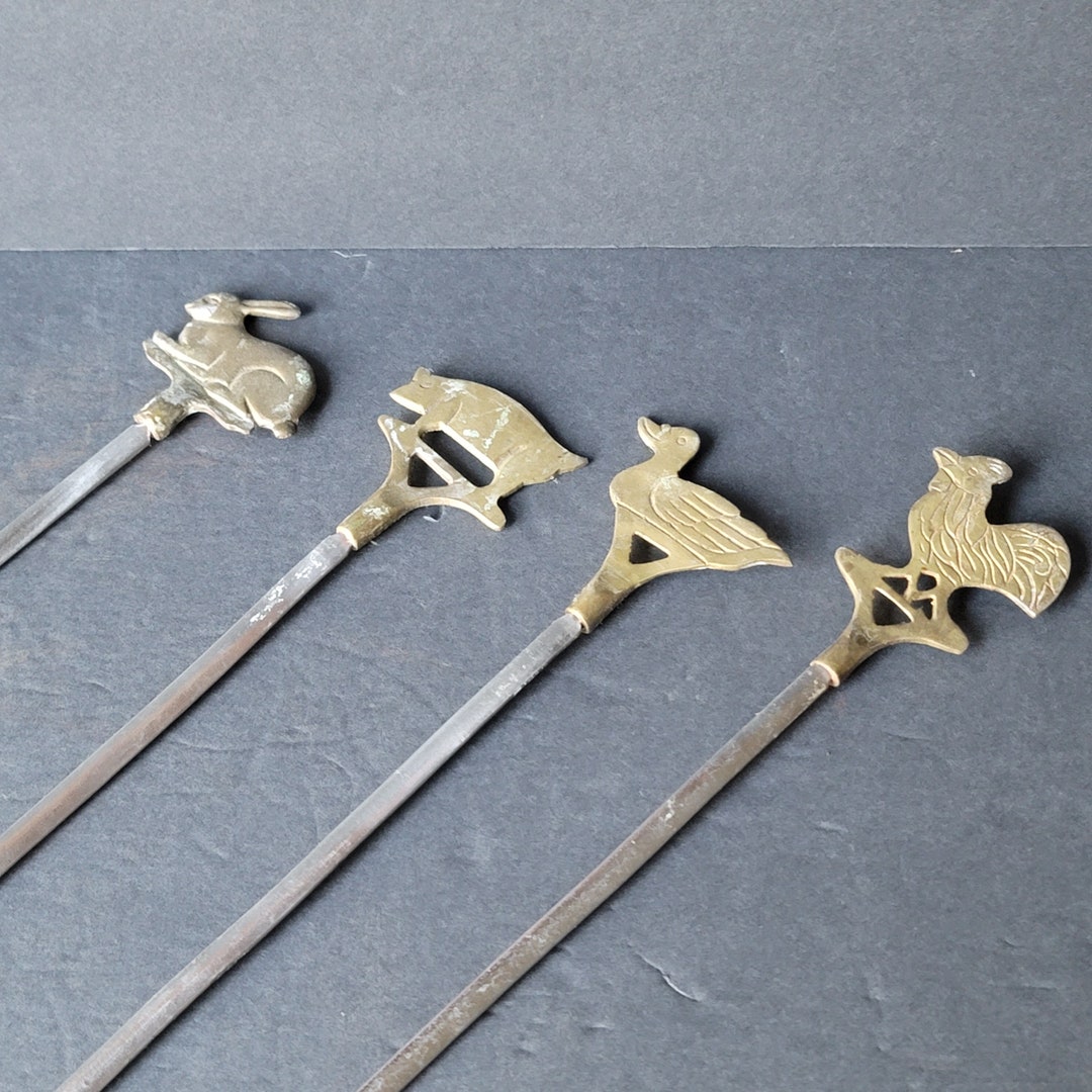Vintage Brass Farm Animal BBQ Skewers Set of 4 Duck Pig Rabbit Chicken ...