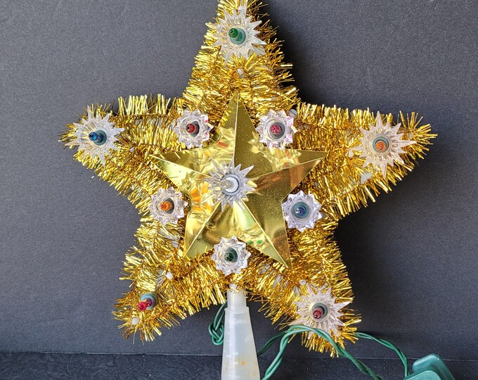 Vintage Lighted Gold Tinsel Garland Christmas Tree Star Topper 8 ...