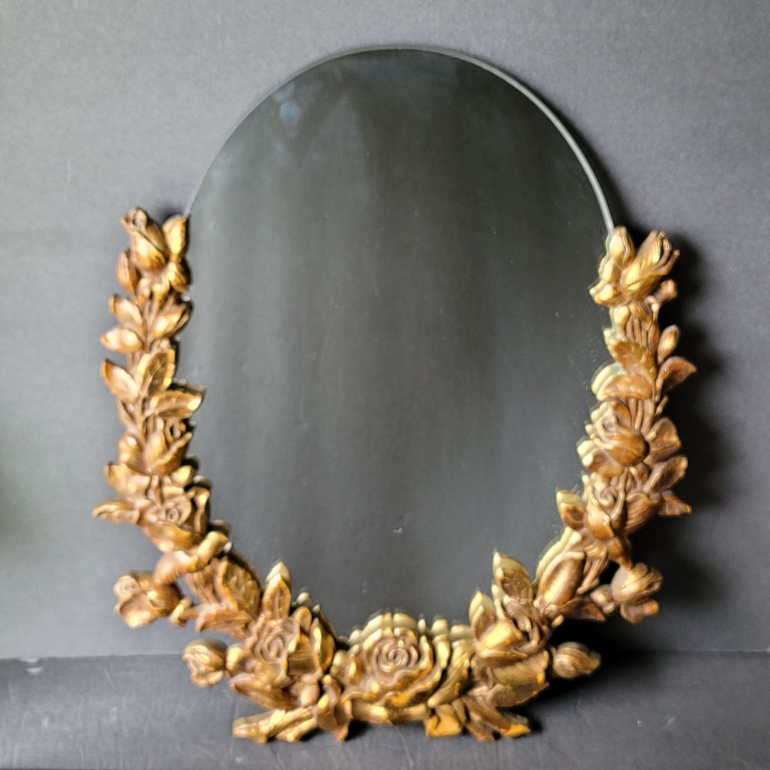 Vintage Syroco Gold Gilt Ornate Oval Roses Wall Mirror Baroque Rococo ...