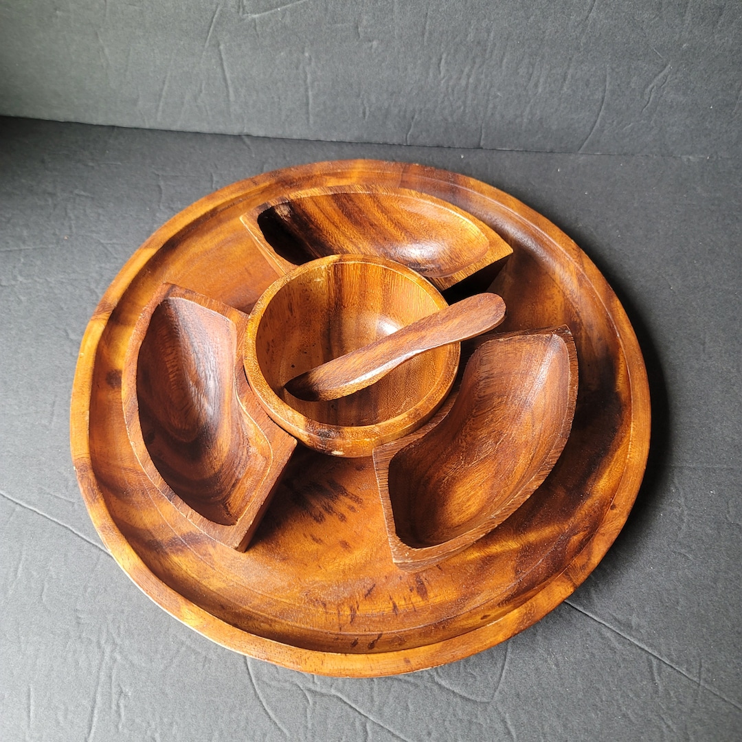 Vintage Wood Snack Chip and Dip Serving Set Tray Bowls and Wood ...