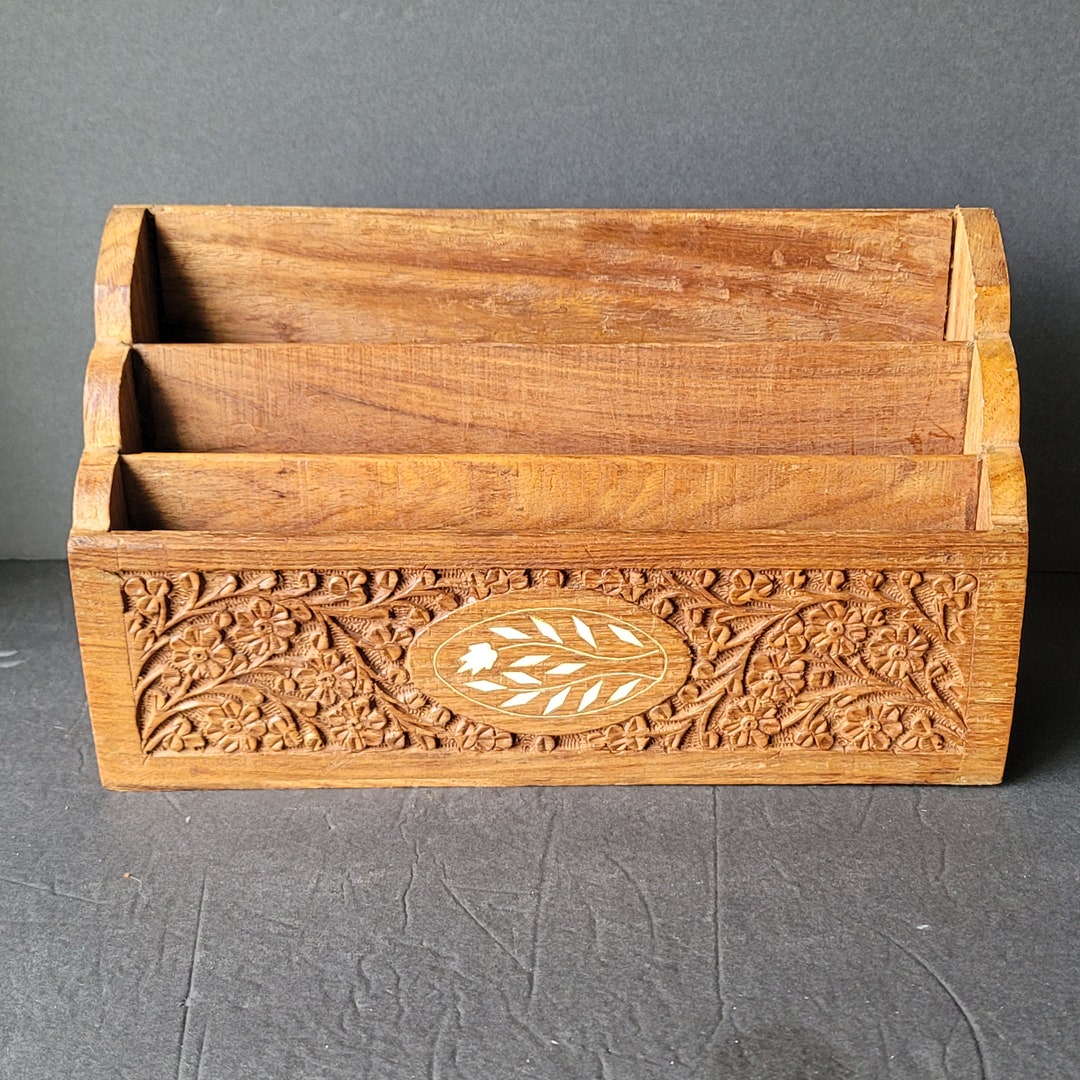 Vintage Carved Wood Floral Letter Mail Desk Organizer Made in India ...