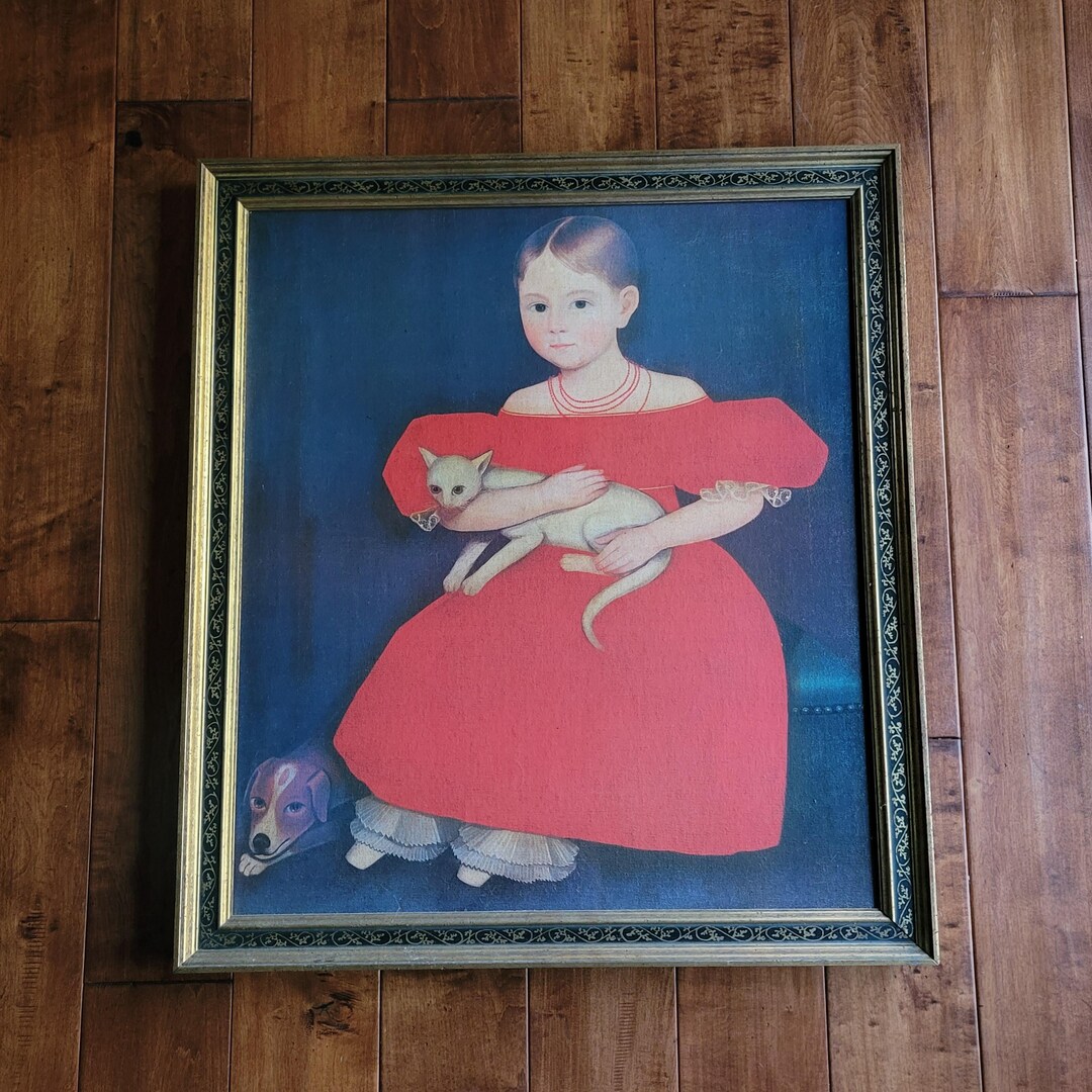Girl in Red Dress With Cat and Dog Framed Print on Canvas by Ammi ...