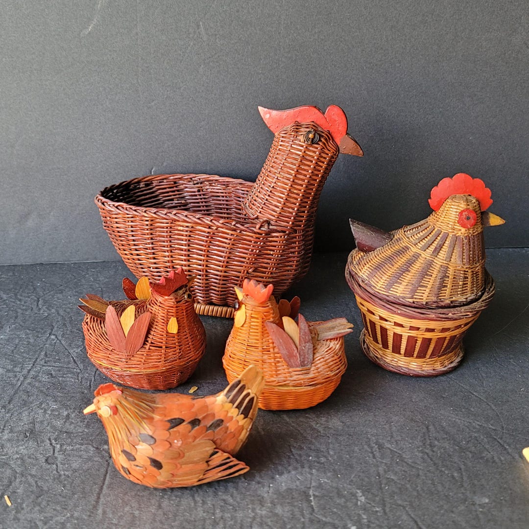 Vintage Chicken Baskets Wicker Planter Trinket Box Lot of 5 Chickens ...