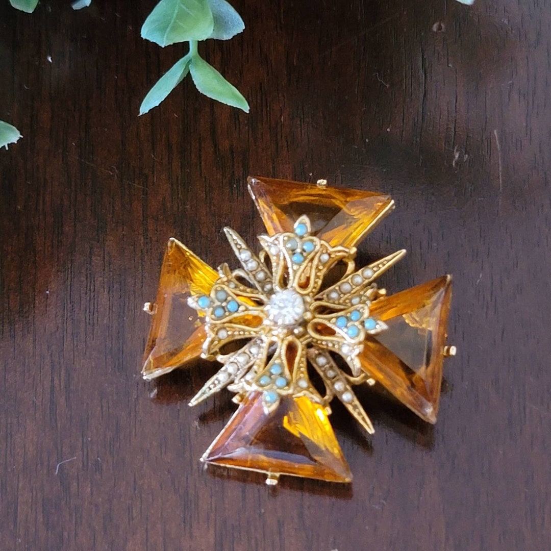Vintage Maltese Cross Brooch Signed ART Arthur Pepper Citrine Color ...