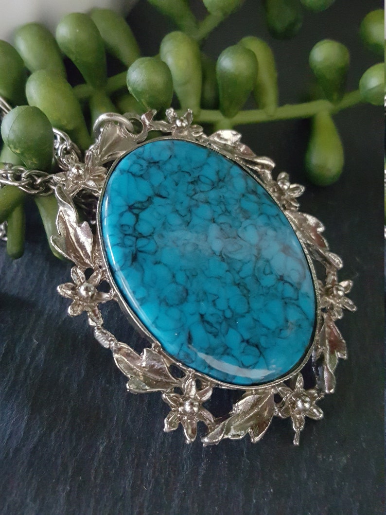 Vintage Faux Turquoise Necklace flowers silver tone | Etsy