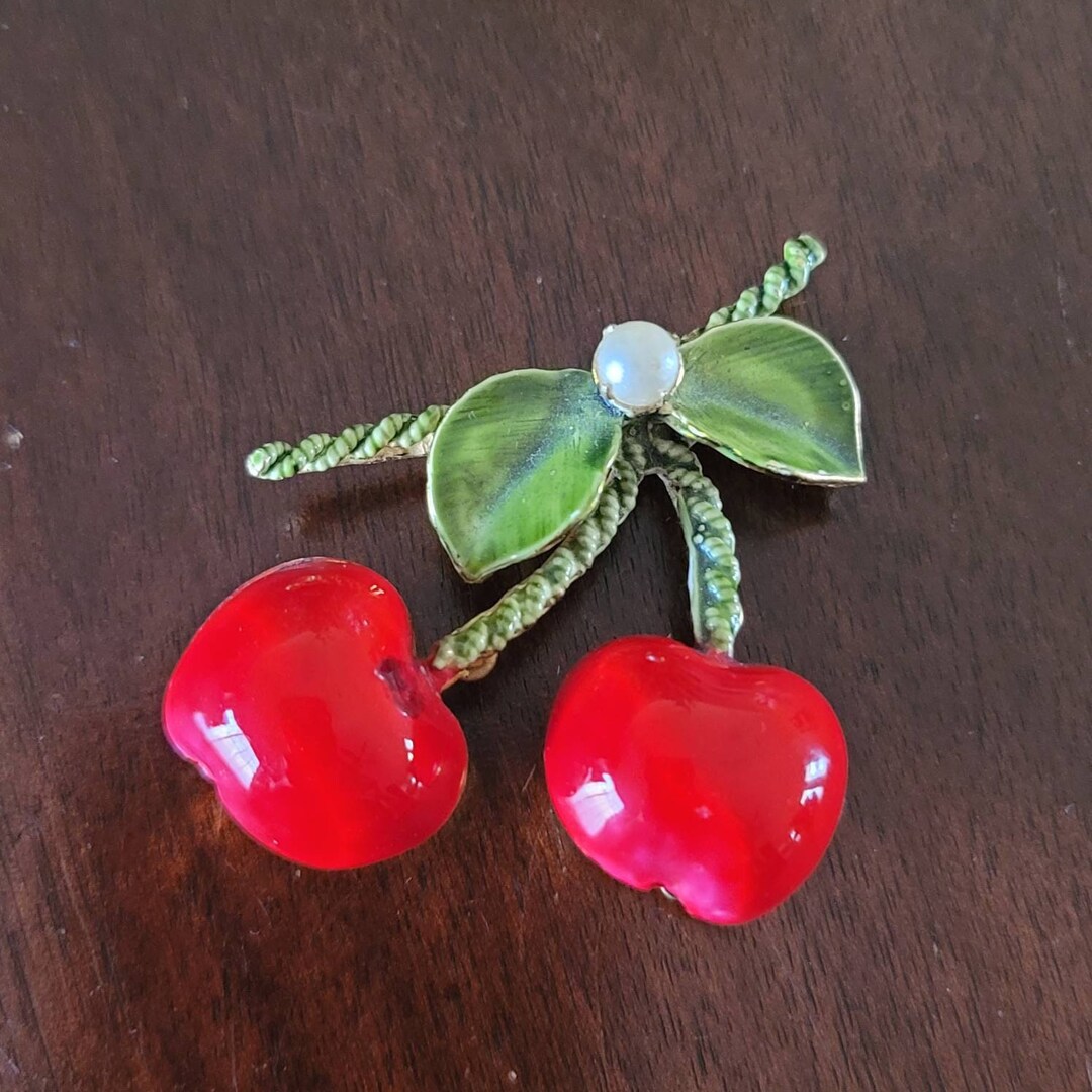 Original by Robert Enamel Red Cherries and Pearl Brooch Pin - Etsy