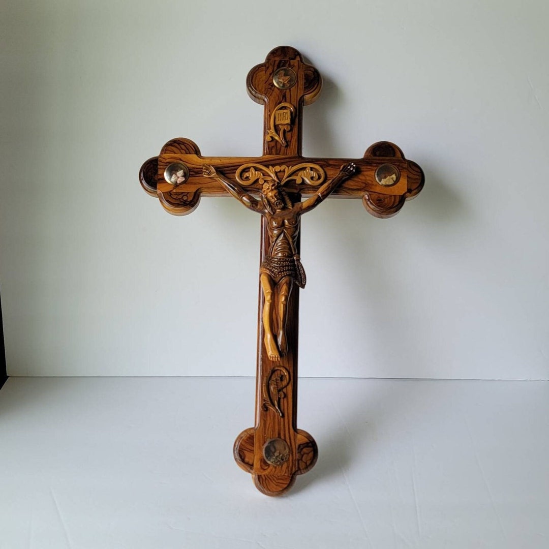 Vintage Large 21.75" Olive Wood Crucifix With Treasures From the Holy ...