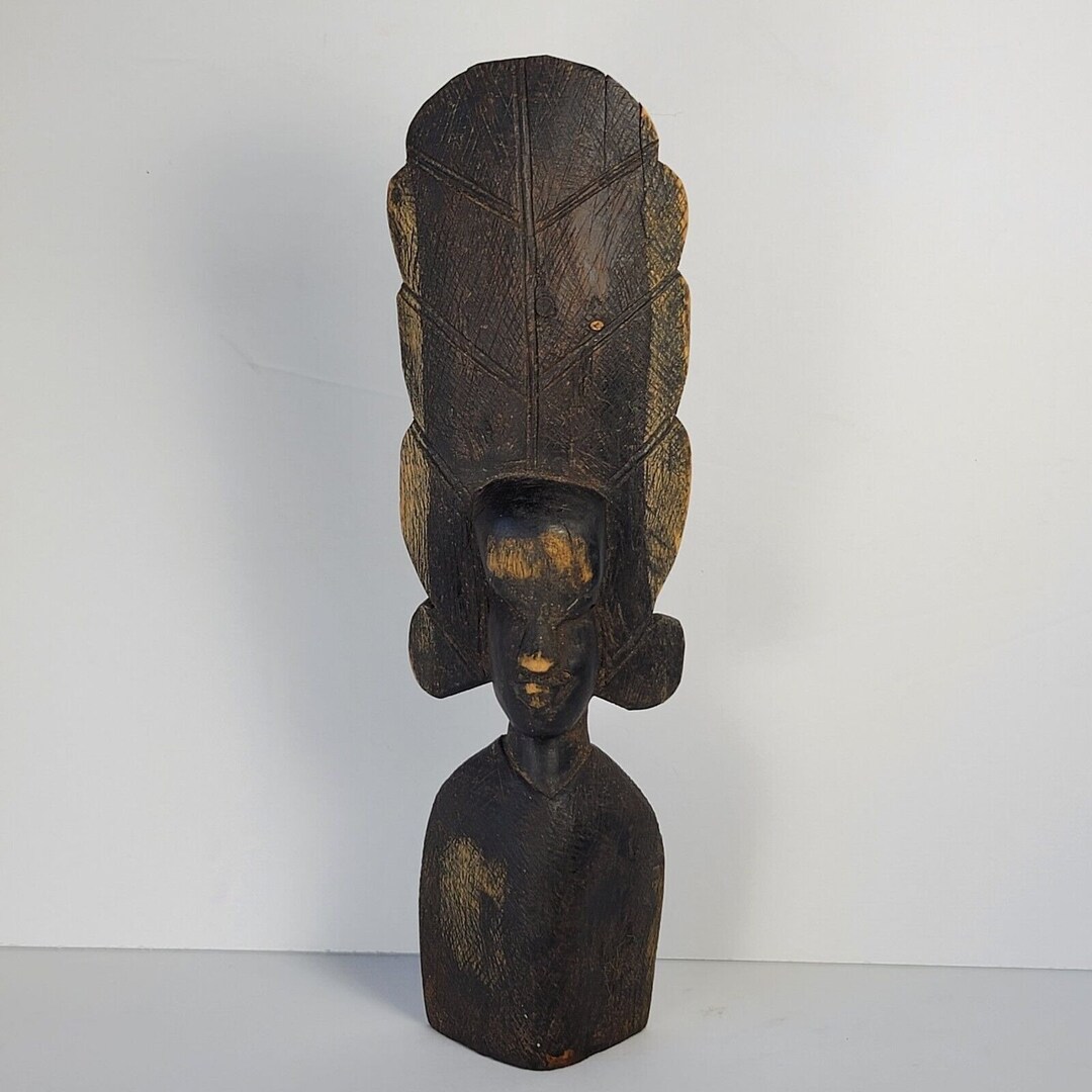 African Tribal Art Sculpture Ebony Wood Hand Carved 10.25 Statue Face ...