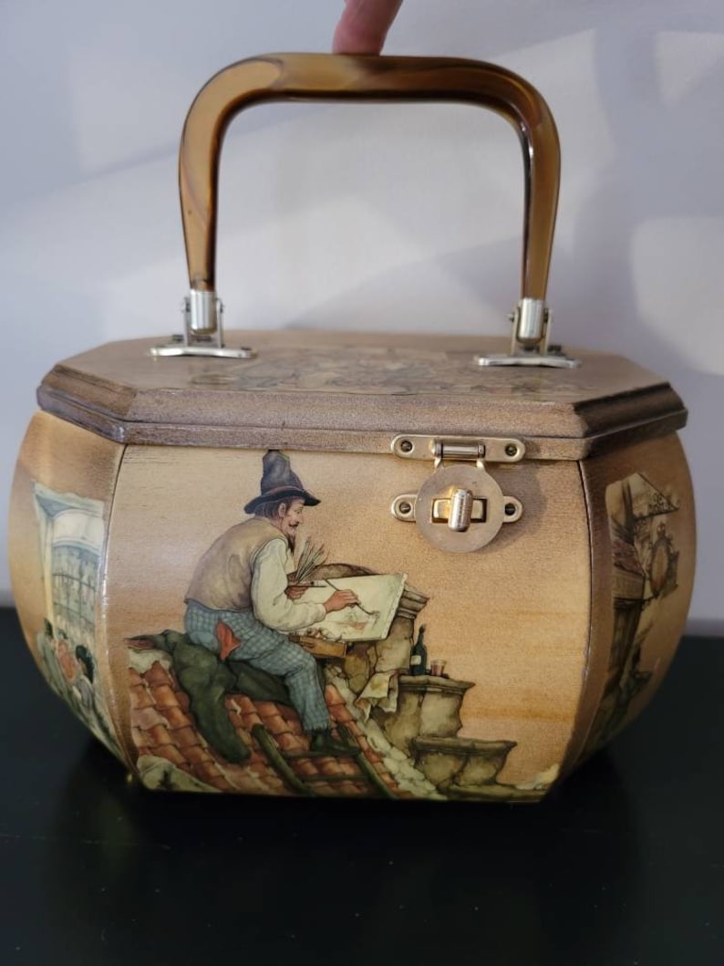 Vintage Decoupage Wood Box Purse With Top Handle Lined Twist Lock ...