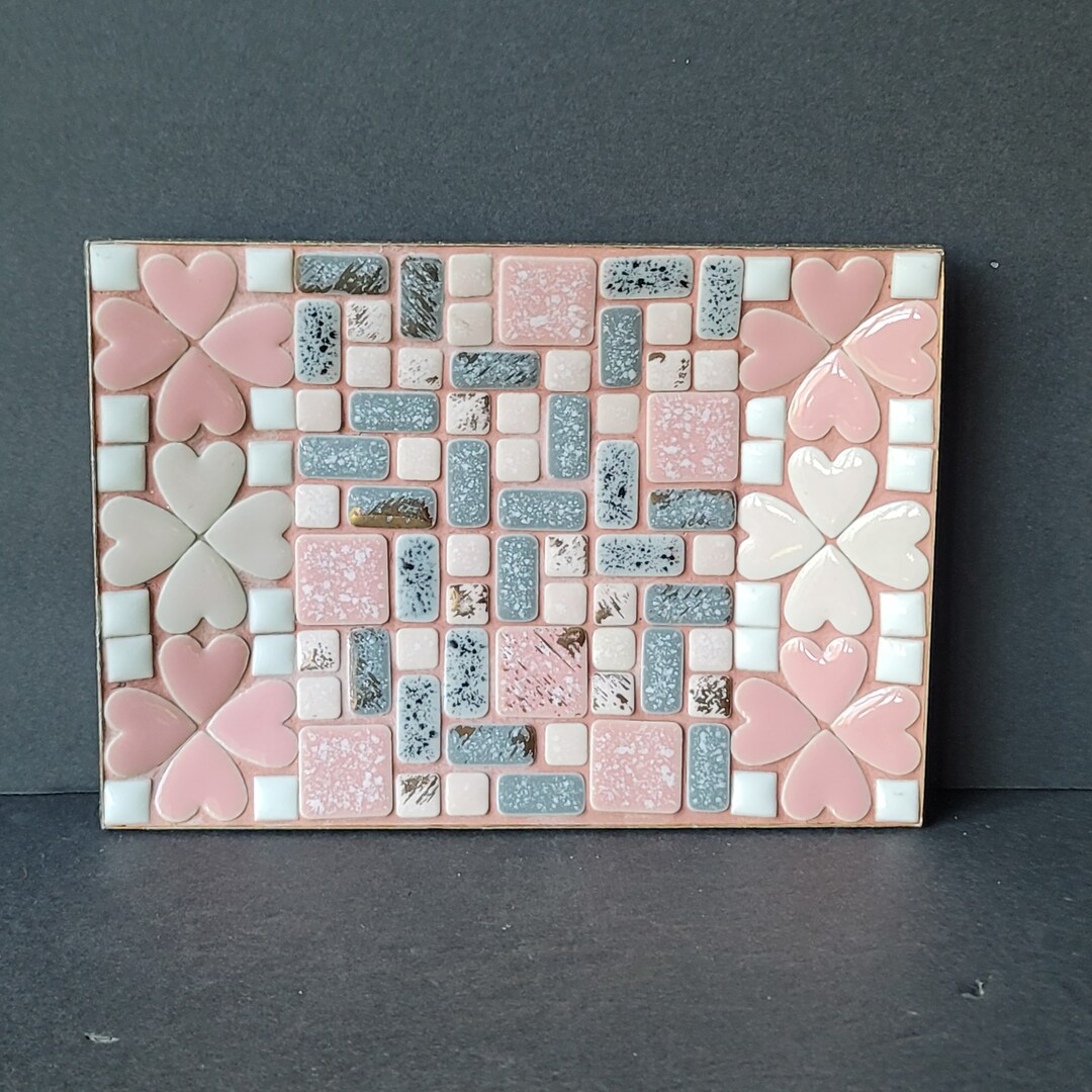 Vintage Ucago Pink Heart Mosaic Ceramic Tile Plate Catch All Dish Made ...