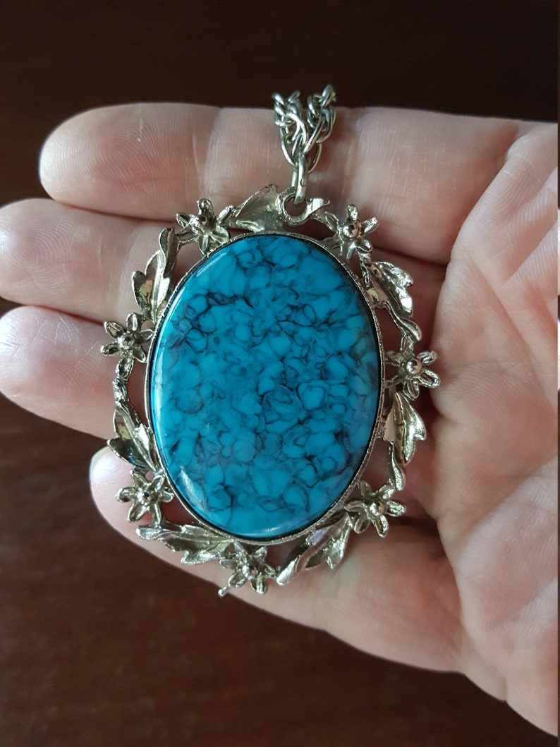 Vintage Faux Turquoise Necklace flowers silver tone | Etsy