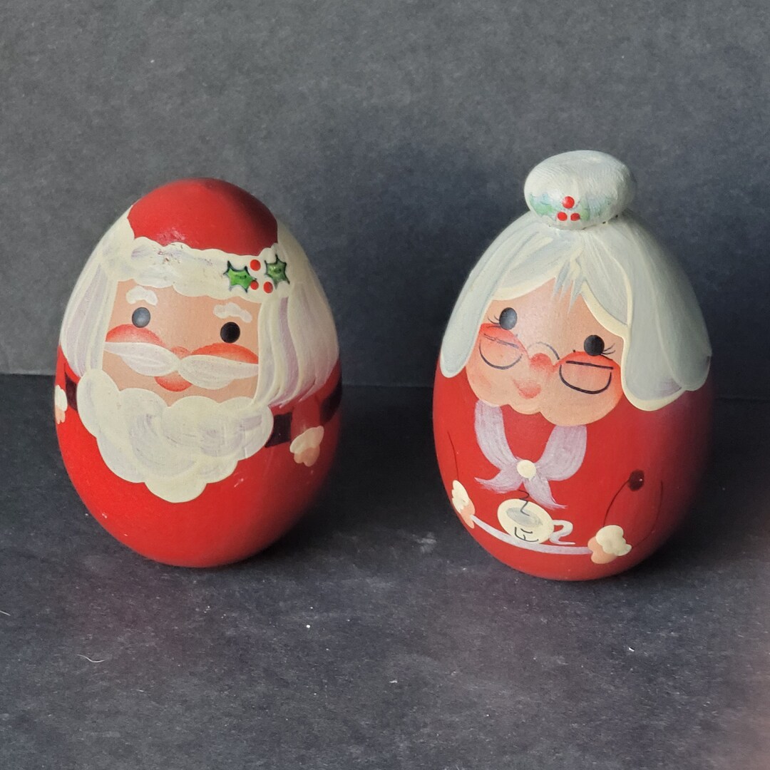 Small Wooden Santa and Mrs. Claus Folk Art Figurines Primitive Shelf ...