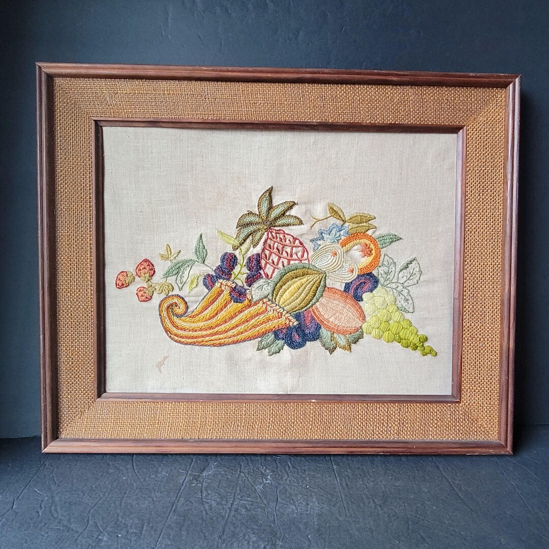 Vintage Large Cornucopia Framed Needlepoint Crewel Embroidery Cross ...