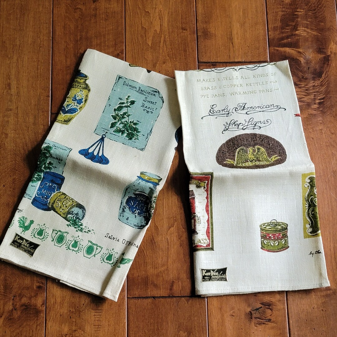 Vintage Kay Dee Handprints Linen Tea Towel Set of 2 Spices Early ...