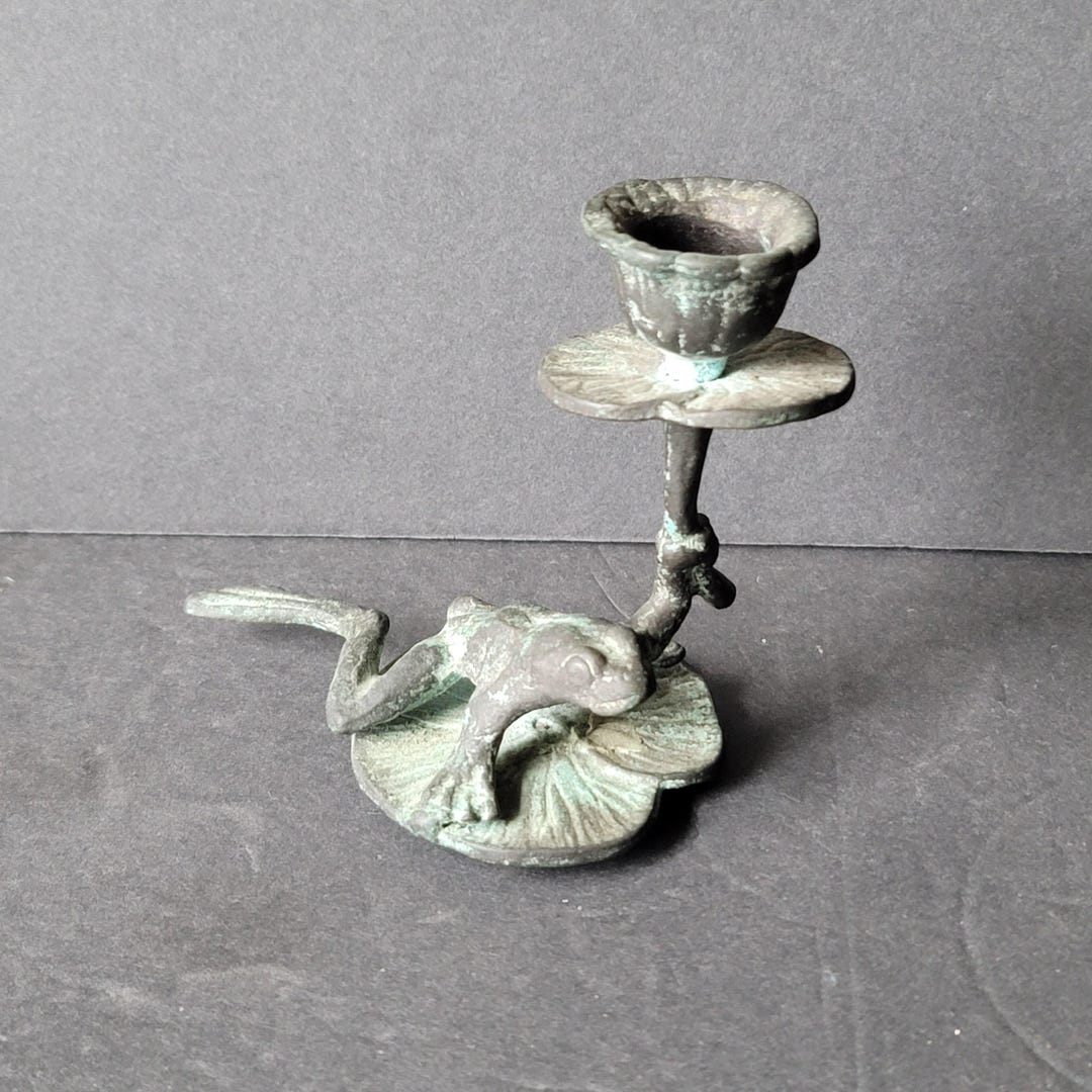Vintage Verdigris Frog Holding Flower Aged Bronze Candlestick Candle ...
