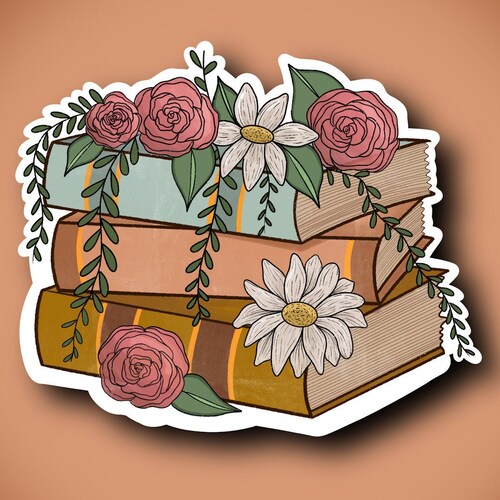 Floral Book Pile Sticker Flowers on Books Sticker - Etsy