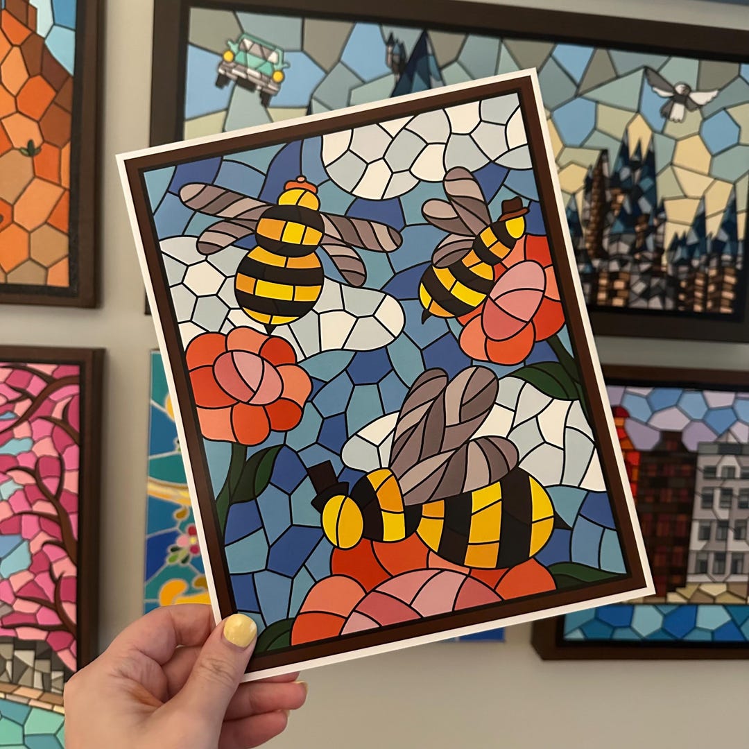 Whimsical Bee Themed Stained Glass Window Print - Etsy