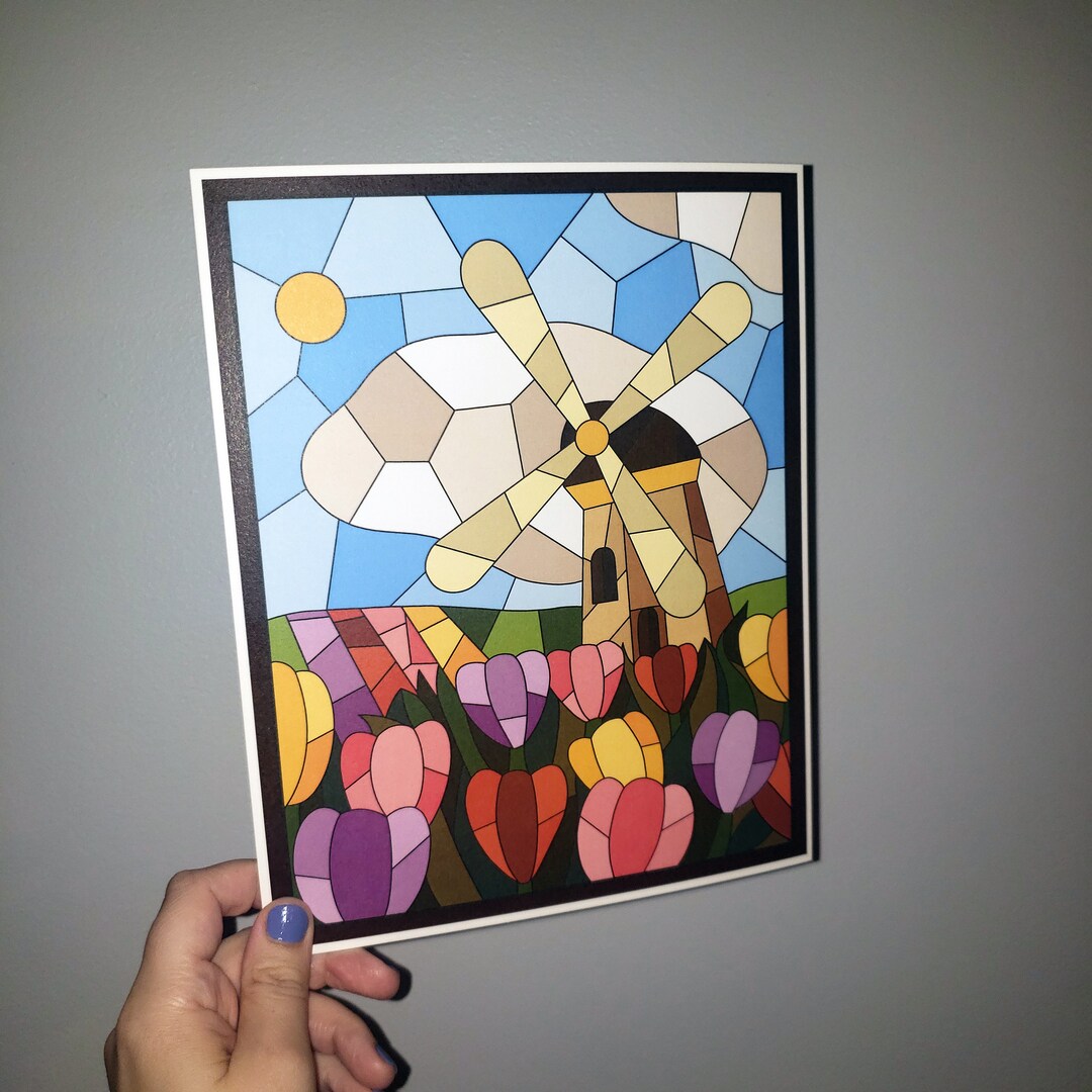 Dutch Windmill Tulip Stained Glass Window Print | Tulip Themed Stained ...