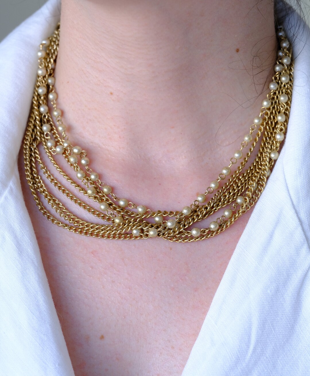 Vintage Japan Marked Multi Strand Chain Statement Necklace With Faux ...