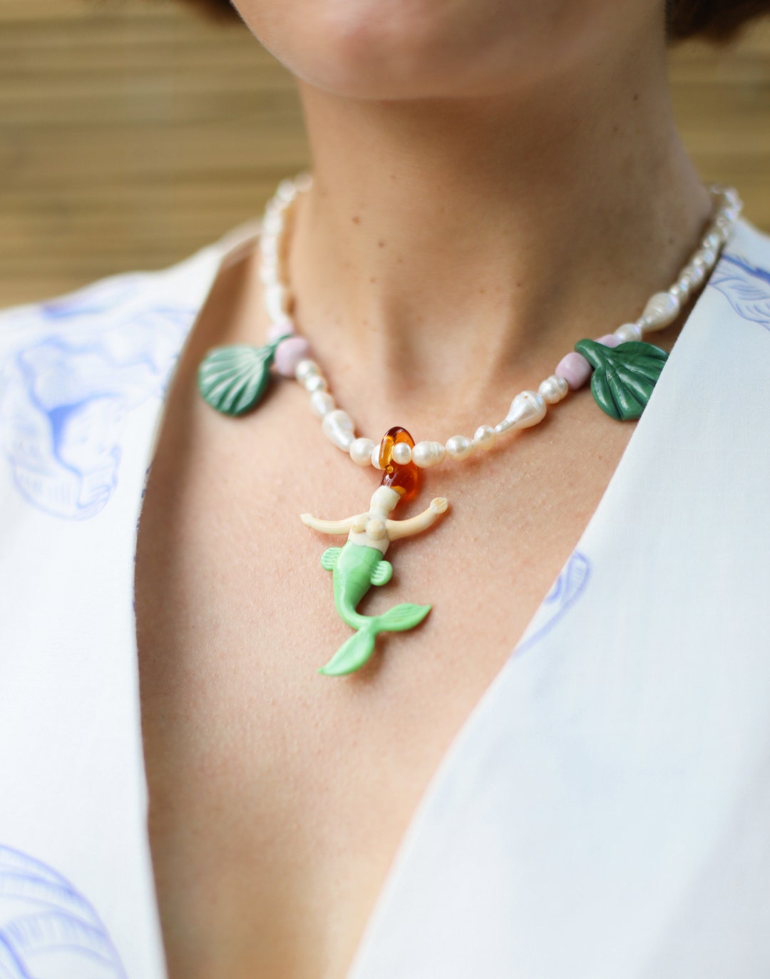 Mermaid & Seashell Pearl Necklace, Handmade Jewelry - Etsy