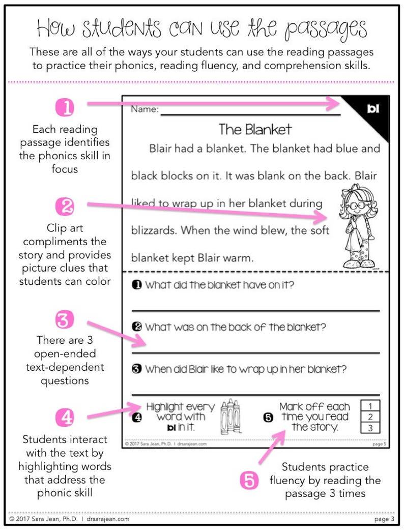 Phonics Fluency Reading Comprehension Passages and Questions • Blends ...