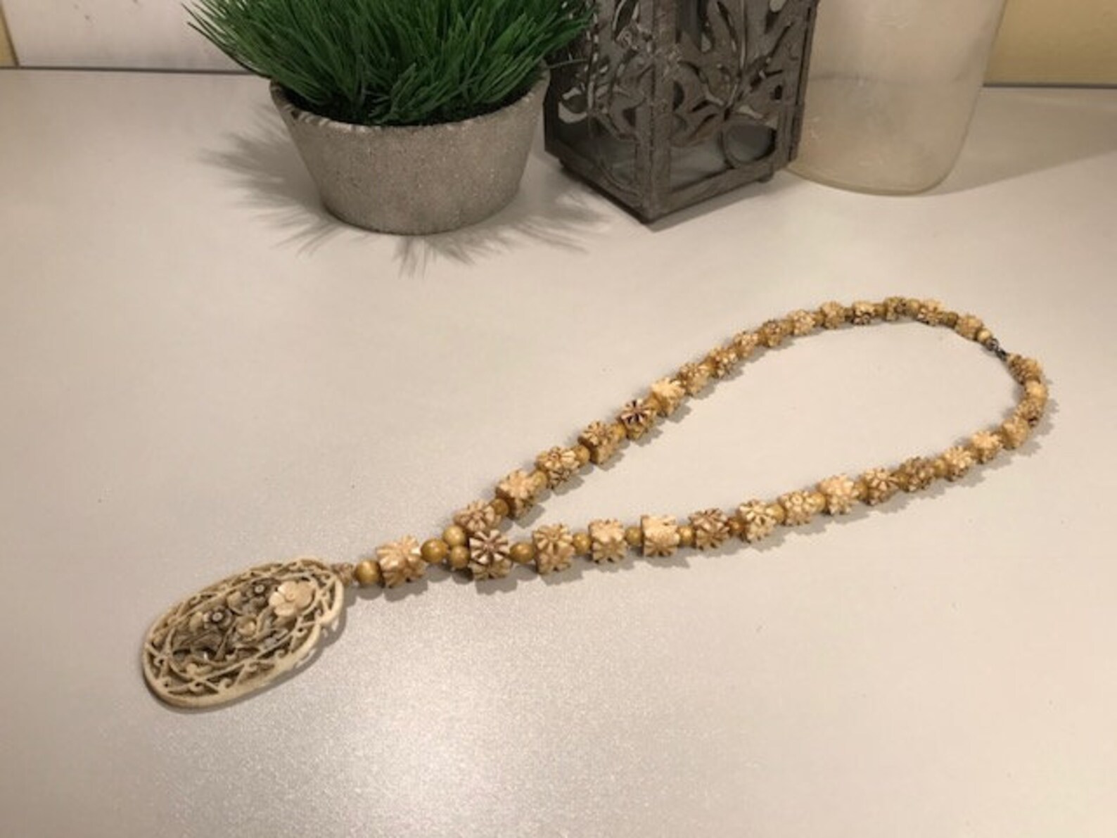 Hand Carved Bone Beads Bone Pendant Necklace Vintage | Etsy