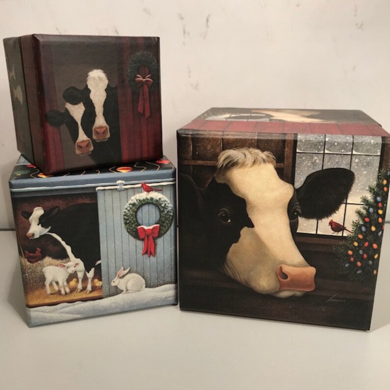 Set of 3 Cow Boxes Lowell Herrero Christmas Cows Modern - Etsy
